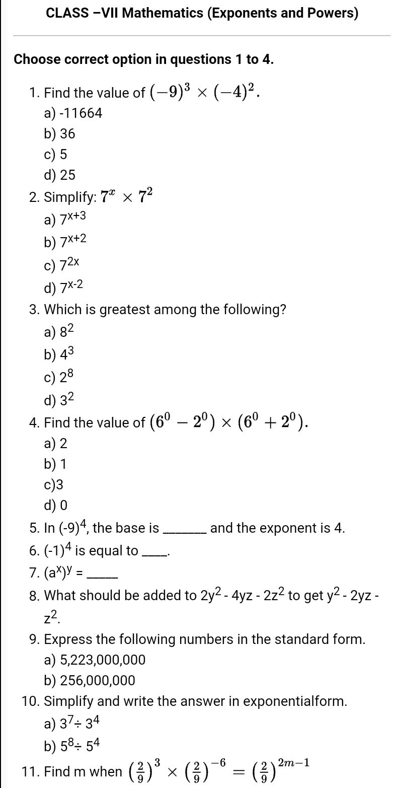 Exponents N Powers - Maths - Subjective Test - Teachmint