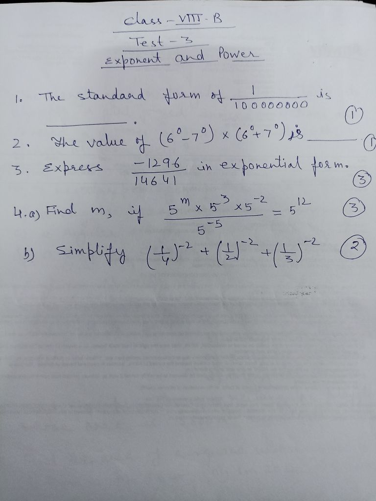 Exponent And Power,Test -3 - Maths - Assignment - Teachmint