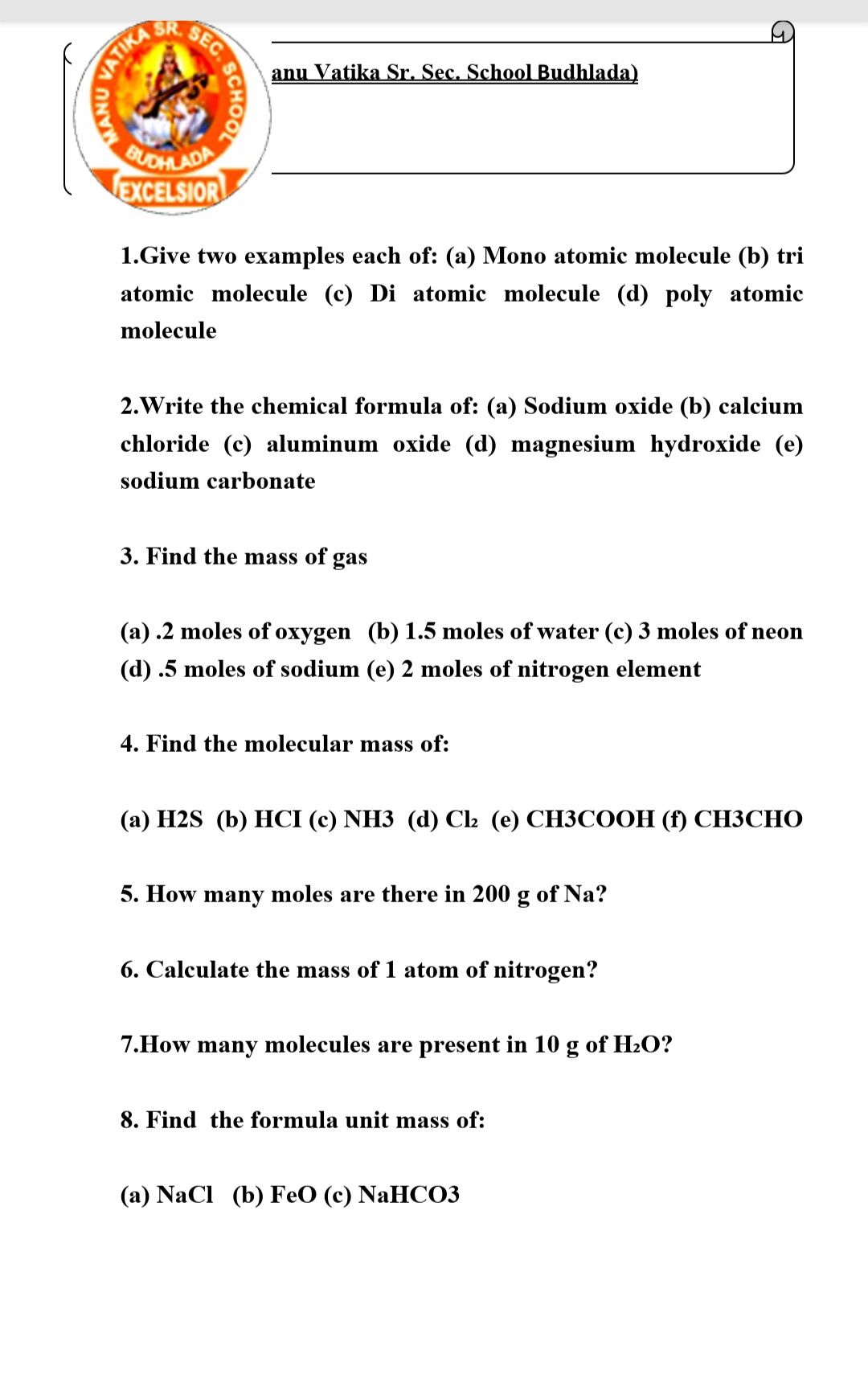 Atom And Molecules - Chemistry - Assignment - Teachmint