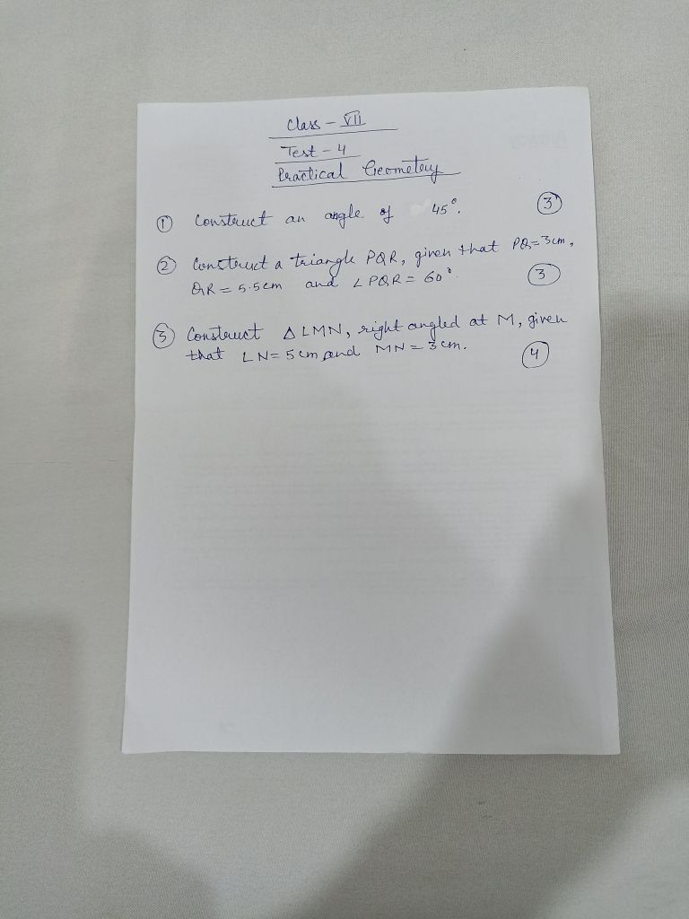 Maths Test -4, Practical Geometry - Maths - Assignment - Teachmint