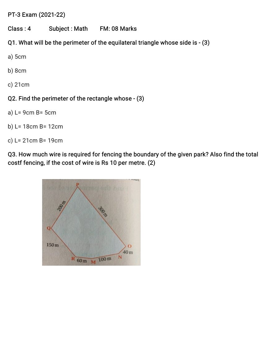 Math Subjective Ques. PT-3 Exam (2021-22) - Math - Subjective Test ...