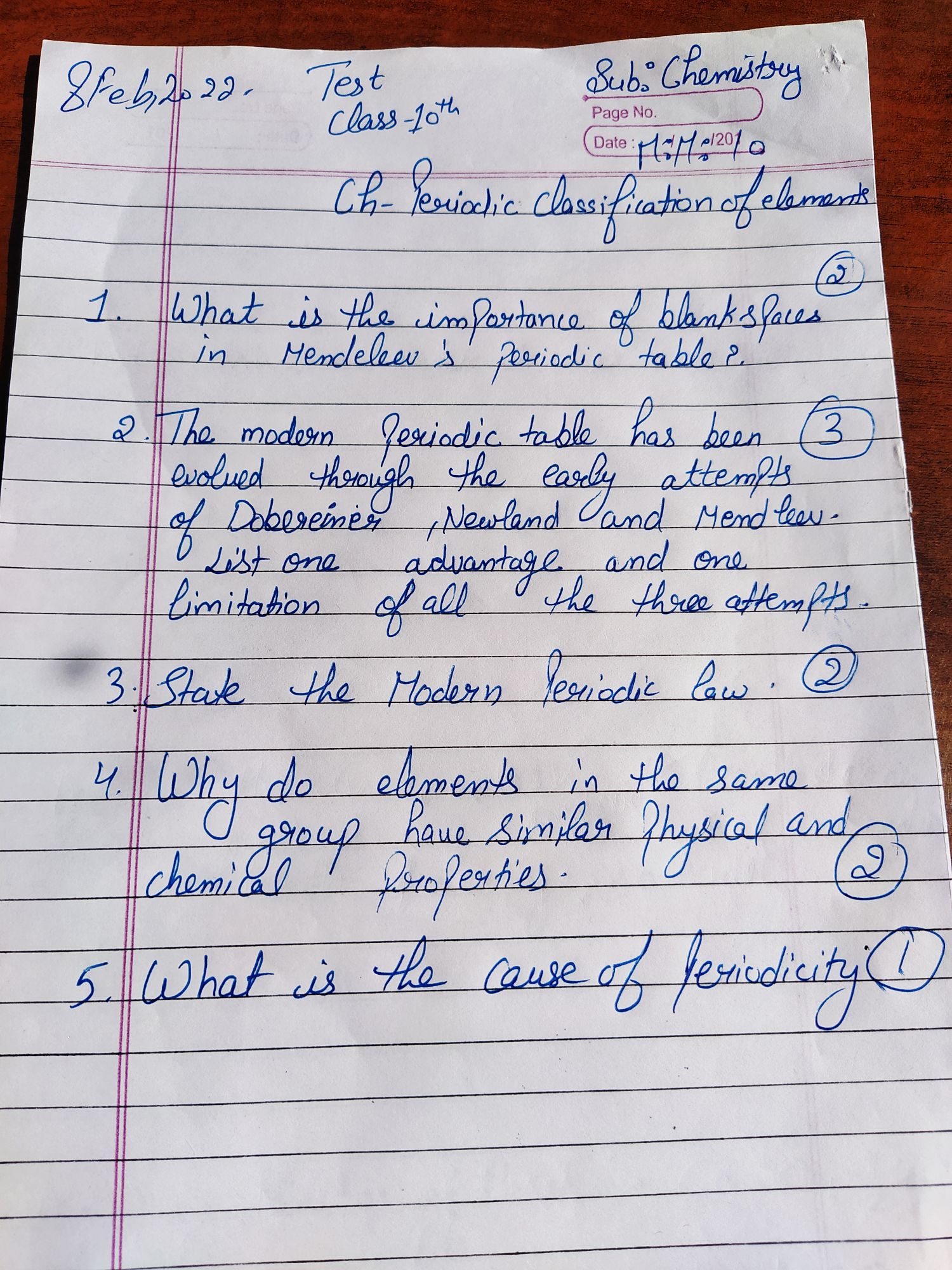 Periodic Classification Of Elements - Chemistry - Subjective Test ...