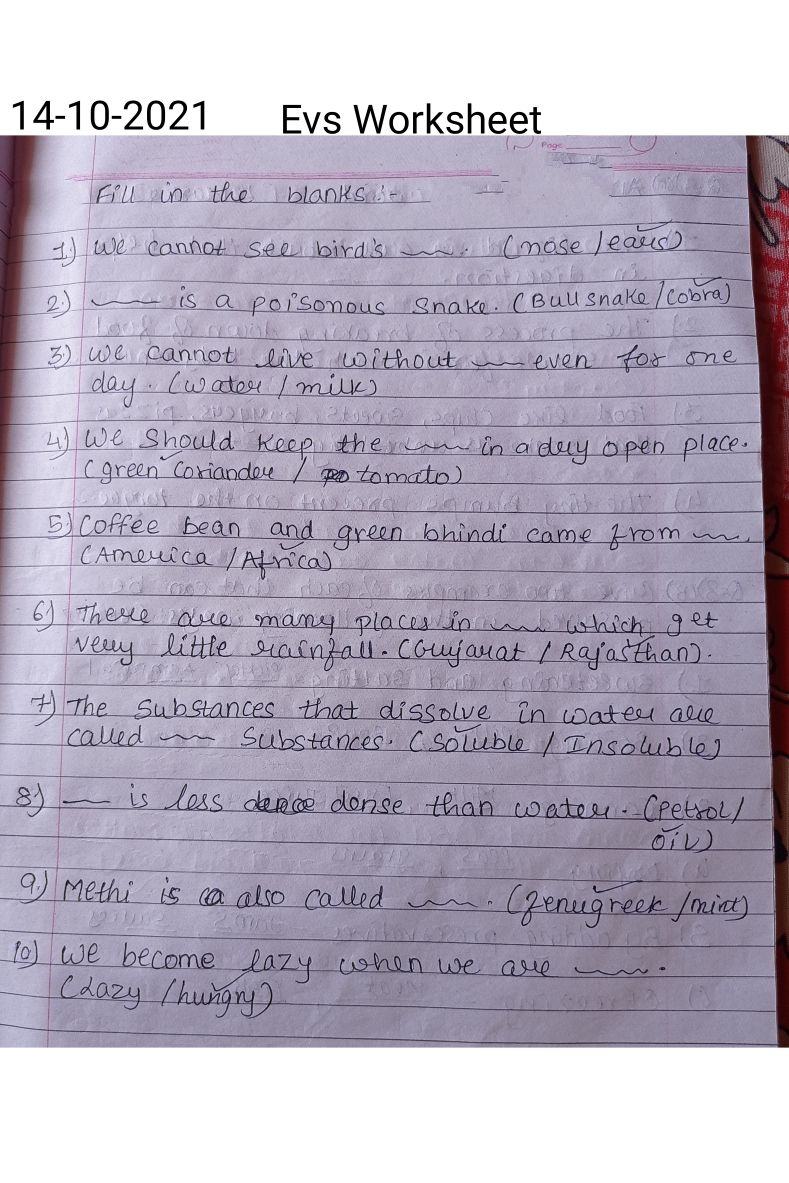 Evs Worksheet 14-10-2021 - Evs & Computer - Assignment - Teachmint