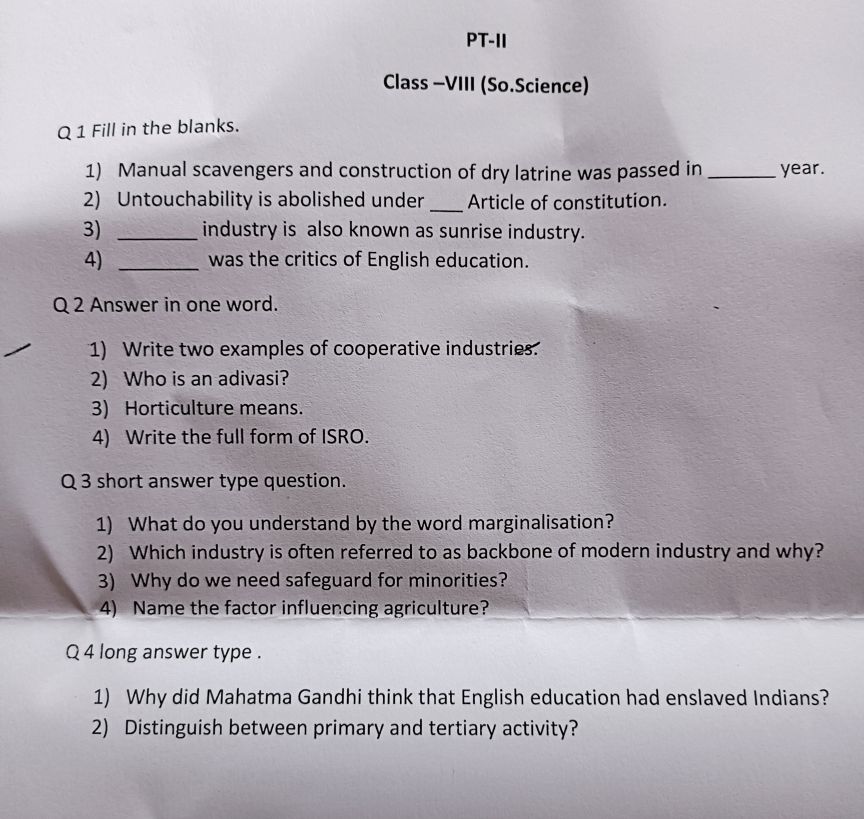Social Science PT2 Exam - Social Science - Subjective Test - Teachmint