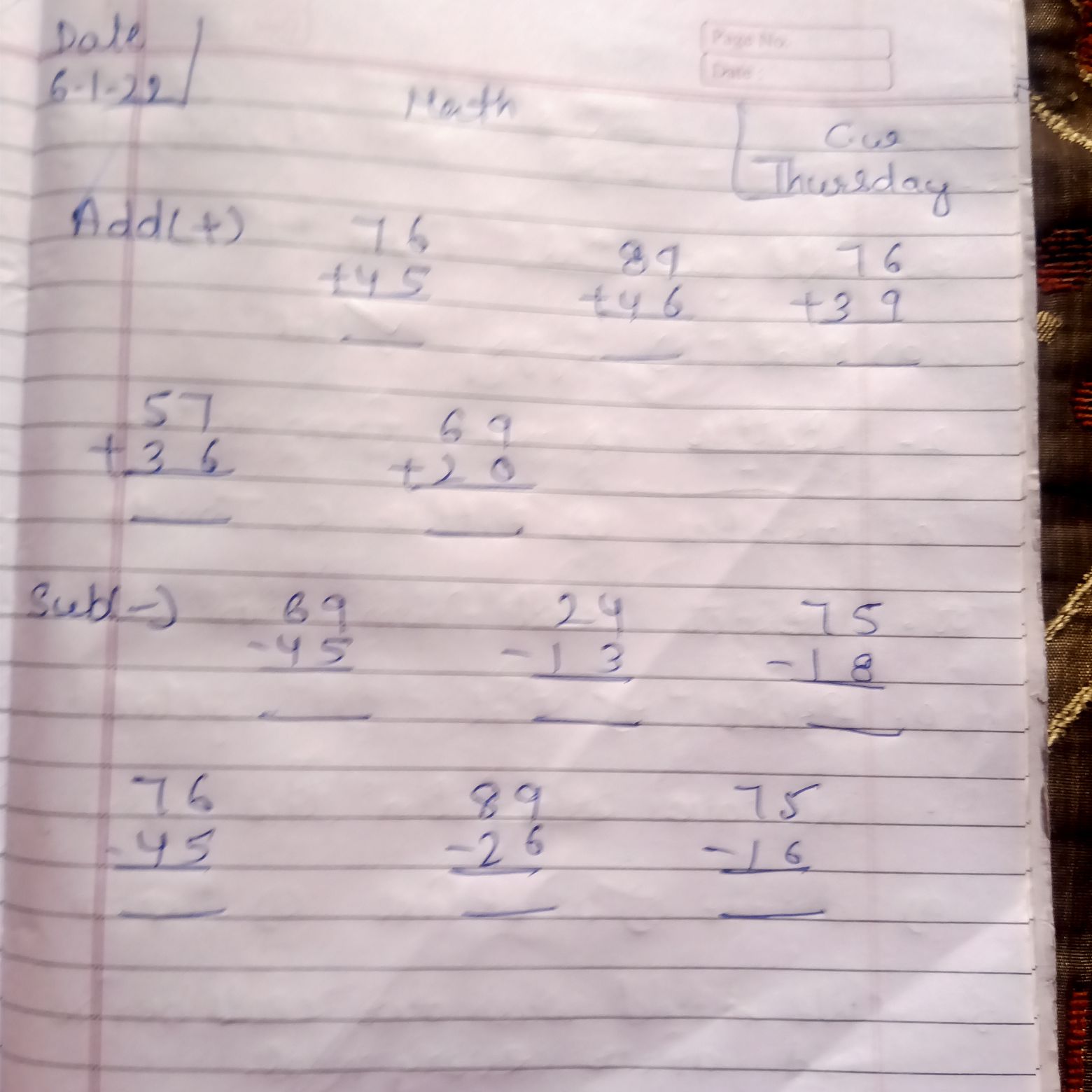 Addition/Subtraction Sums - Math - Assignment - Teachmint
