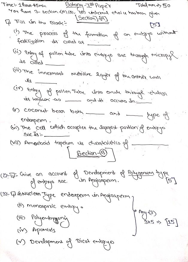 Botany Embryology Test - Bsc :-Zoology Botany - Subjective Test - Teachmint