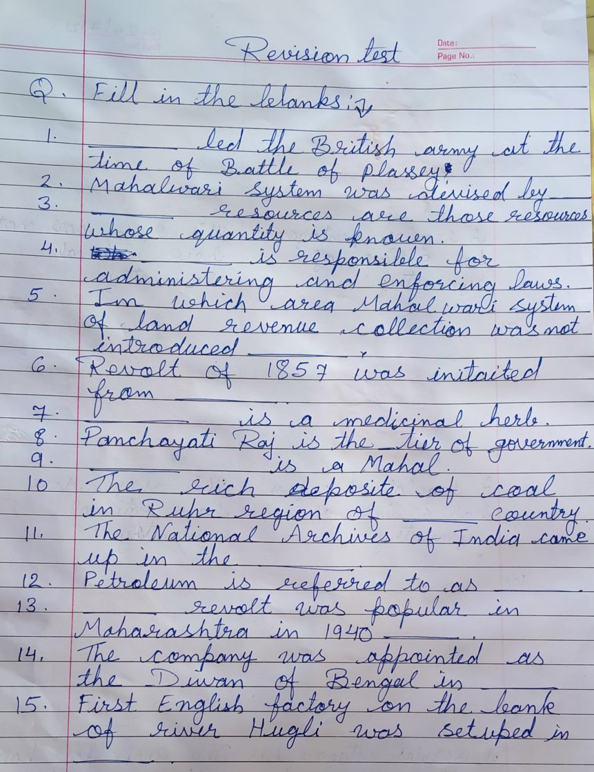 Revision Test - Social Science - Subjective Test - Teachmint