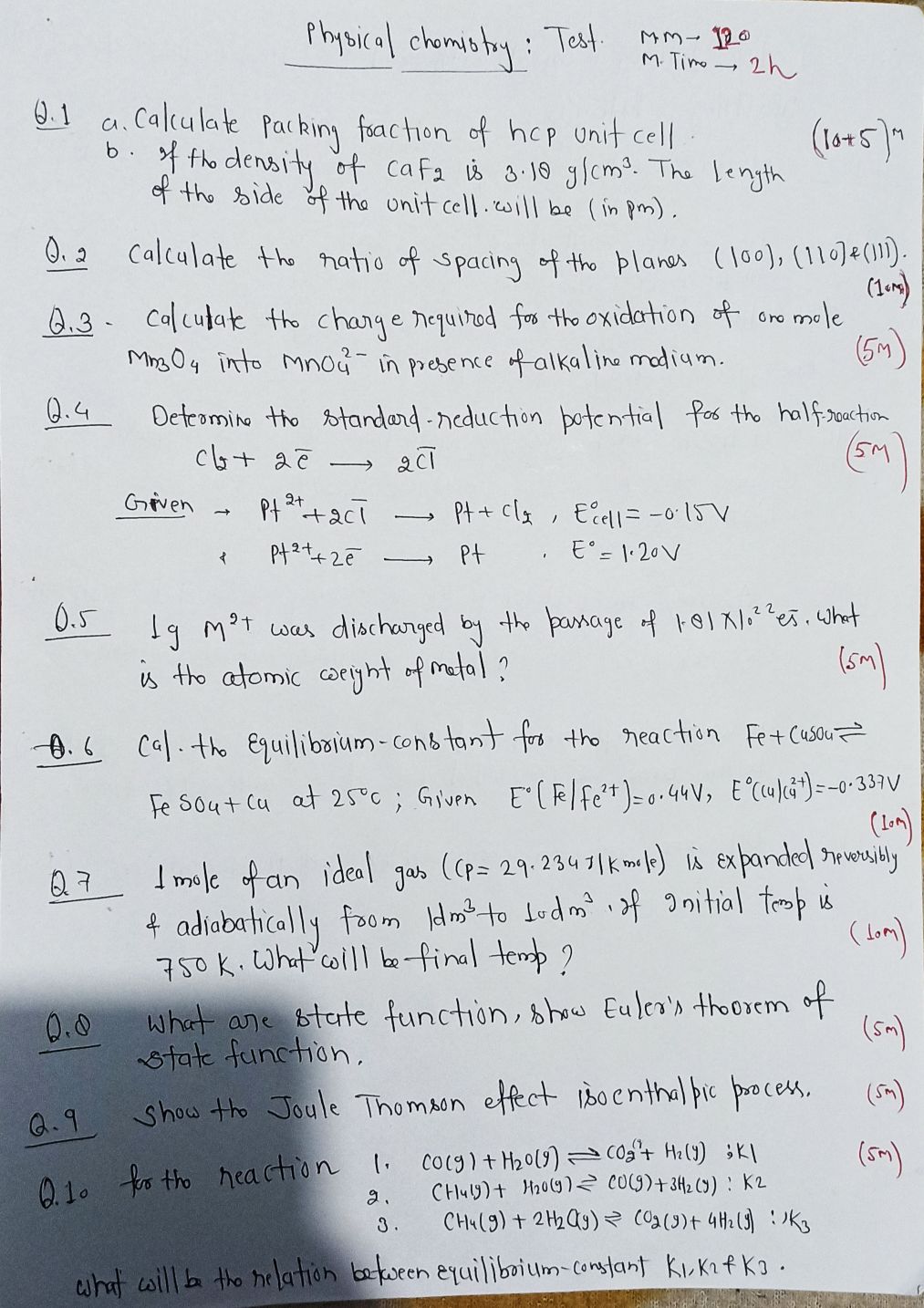Physical Chemistry Test - Chemistry - Subjective Test - Teachmint