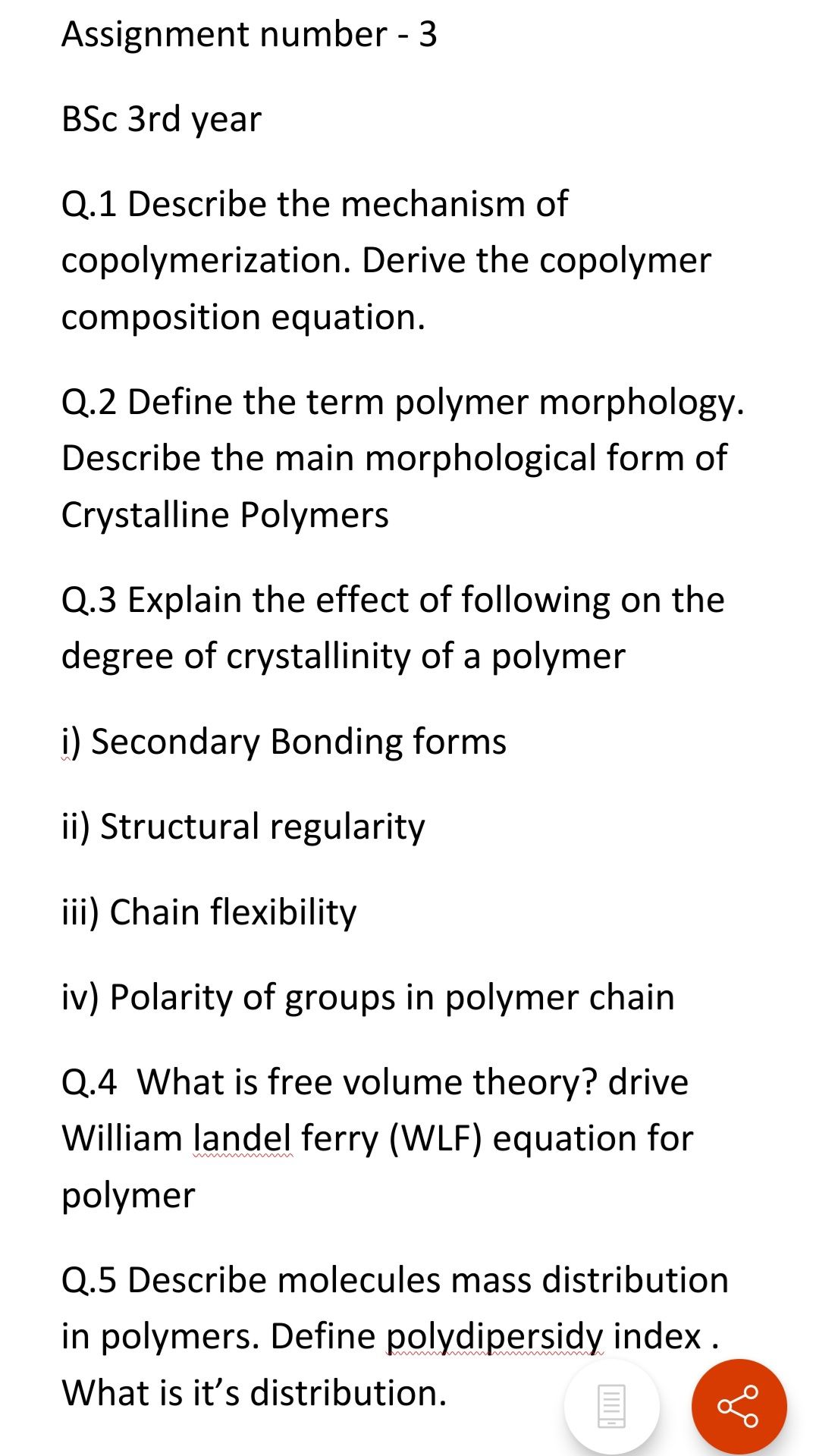 Polymer Chemistry - Polymer Chemistry - Assignment - Teachmint