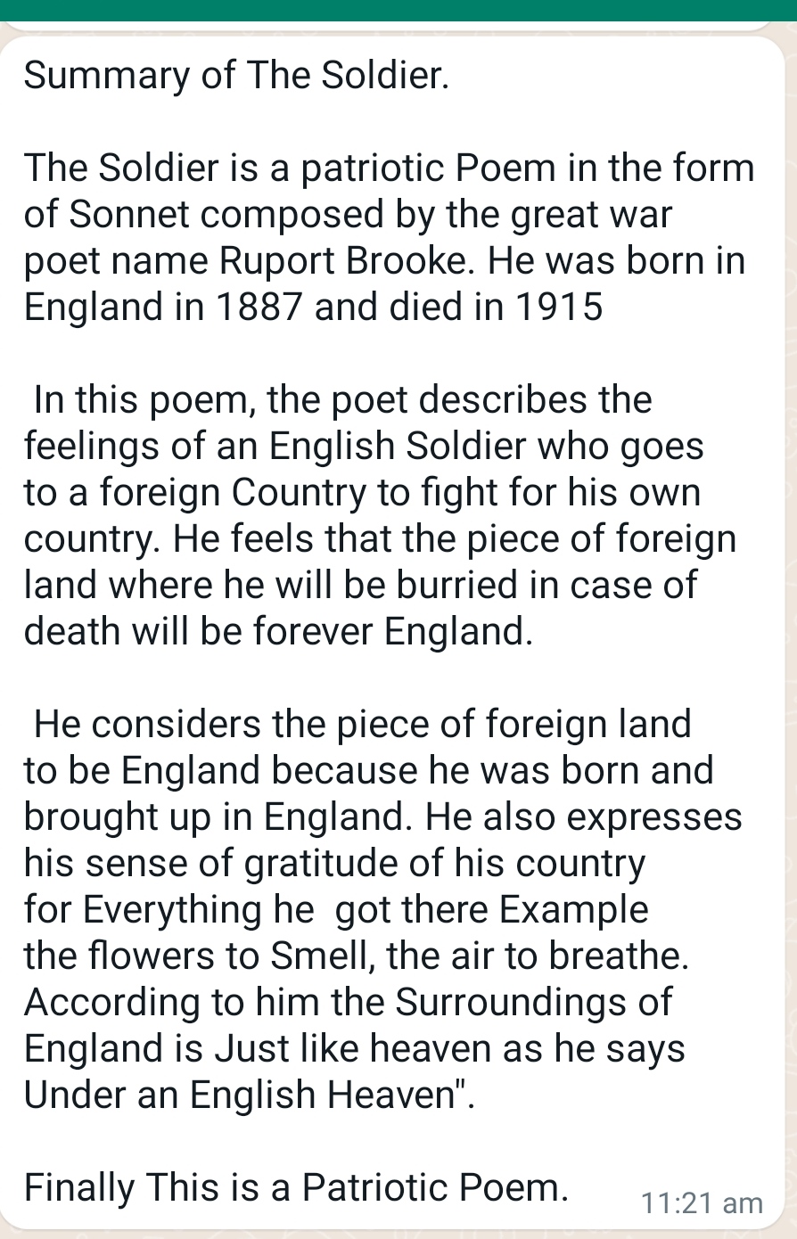 Summary Of The SOLDIERS - English Language - Notes - Teachmint