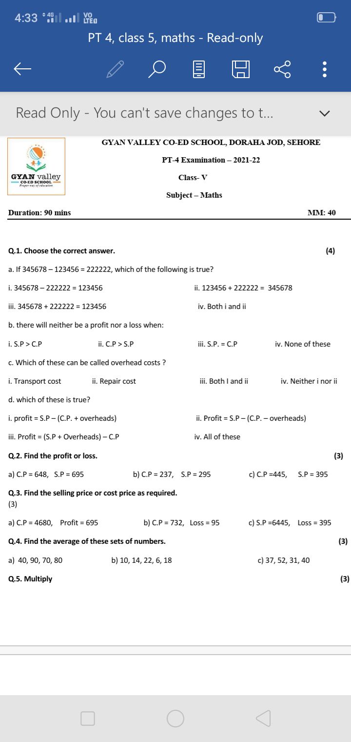 Maths - Maths - Subjective Test - Teachmint