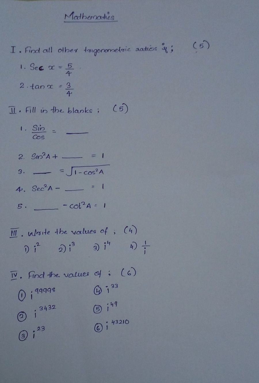 Trigonometry And Complex Numbers - Mathematics - Subjective Test ...