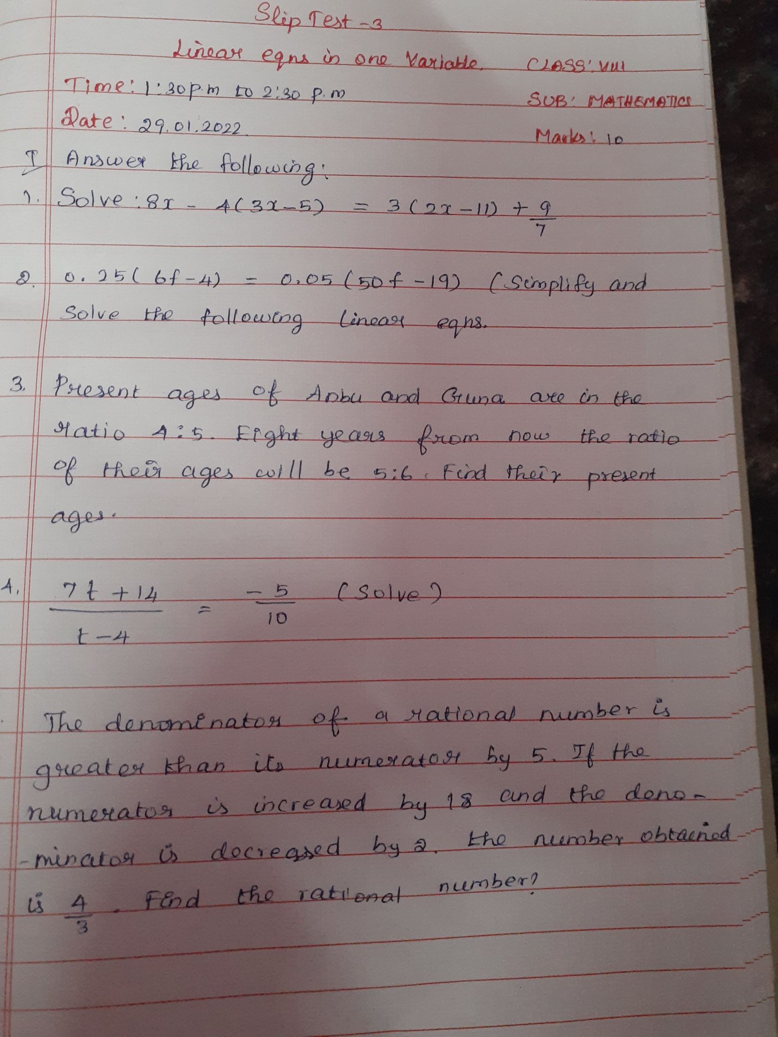 Linear Equation In One Variable Mathematics Subjective Test Teachmint 8315