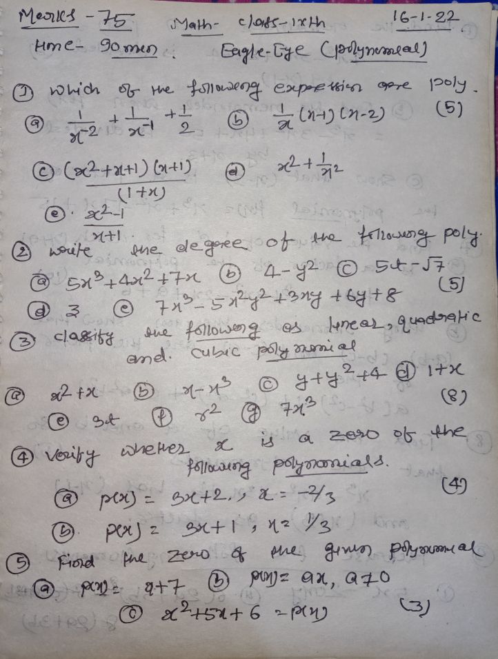 Polynomial - Math - Subjective Test - Teachmint