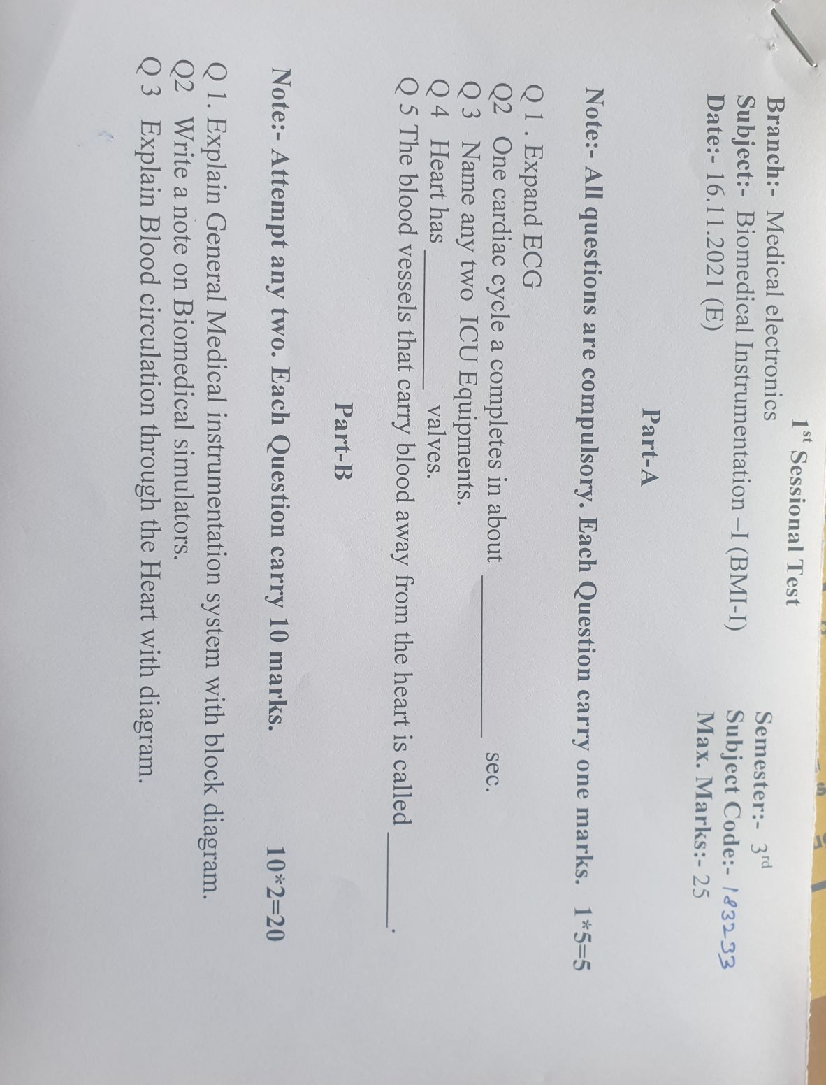 Sessional Test - 1 - BMI-I - Subjective Test - Teachmint
