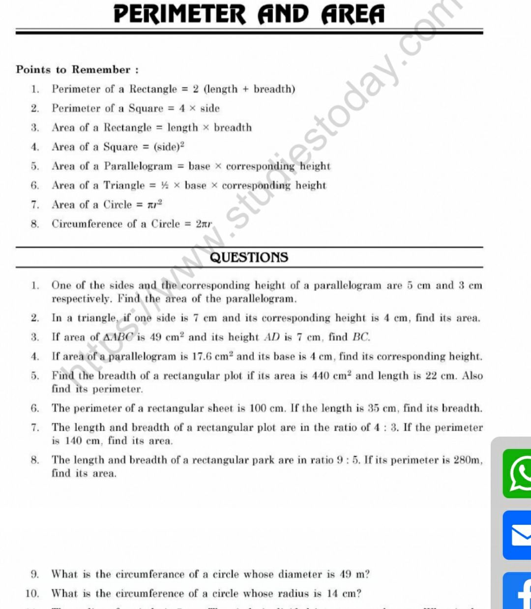 Revision 1 - Perimeter And Area - Maths - Assignment - Teachmint