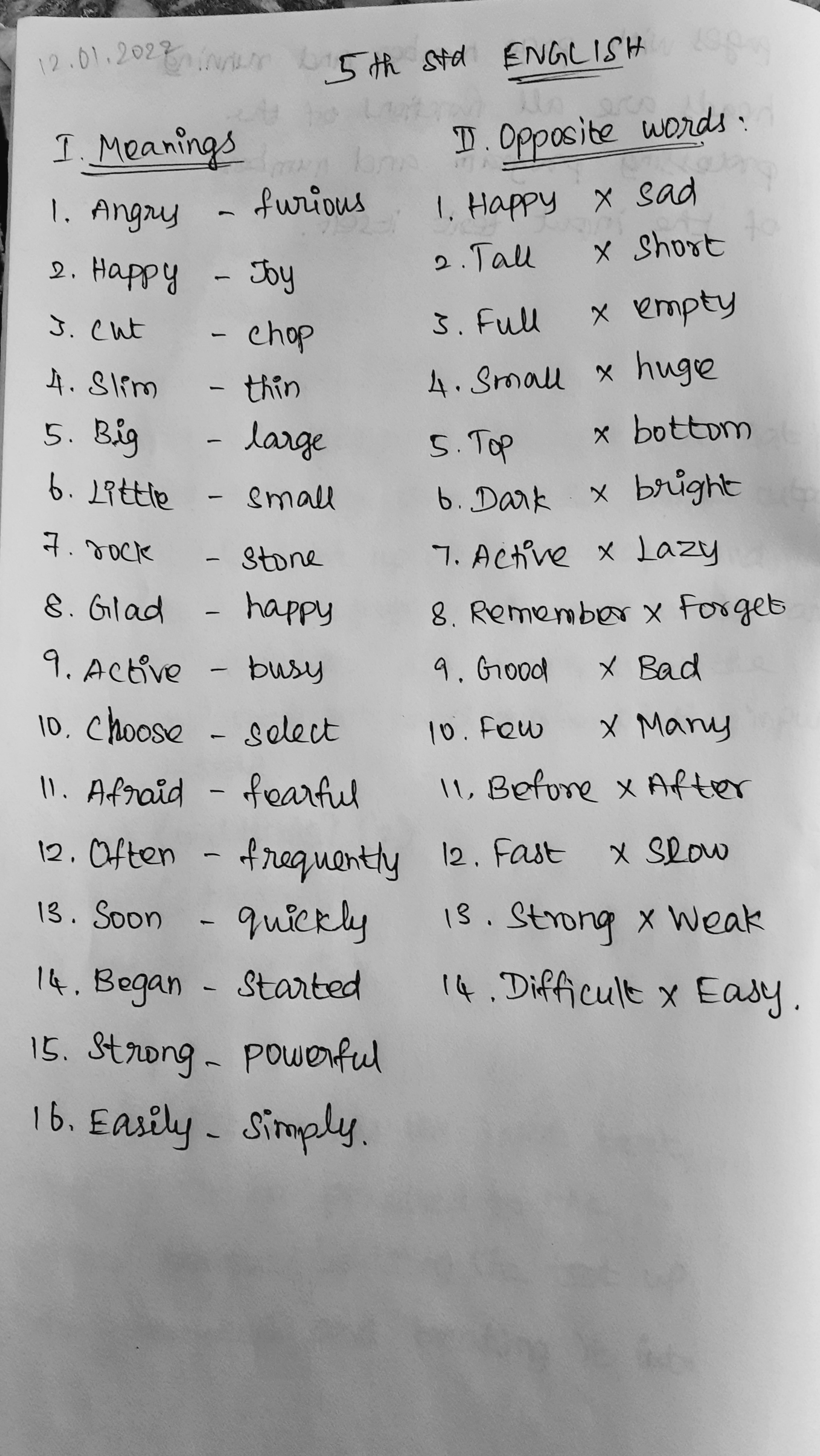 Meaning & Opposite Words - English - Notes - Teachmint