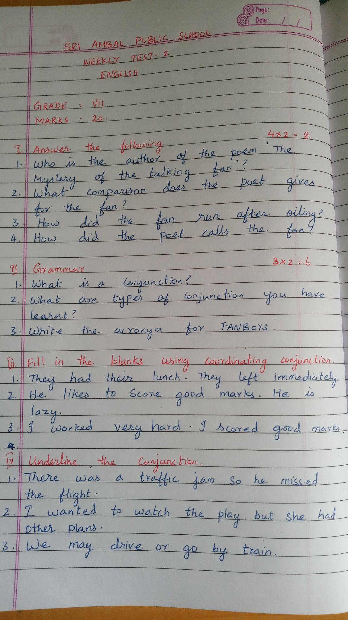 GRADE 7 WT 2 - English Language - Subjective Test - Teachmint