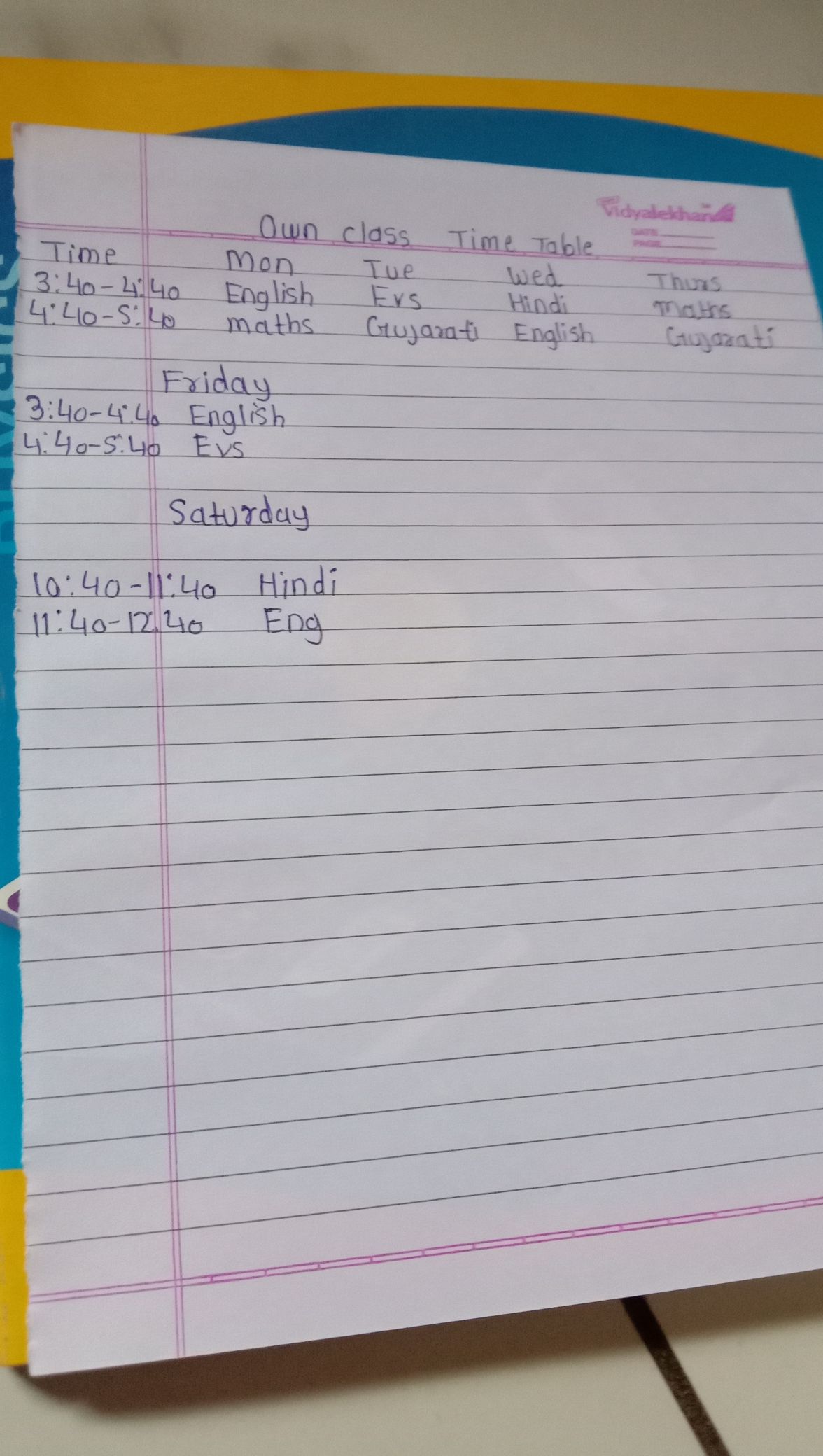 Own Class Time Table - All Subjects - Notes - Teachmint