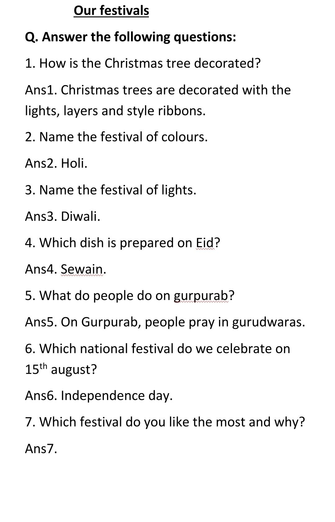 Our Festival - Gk/computer - Assignment - Teachmint