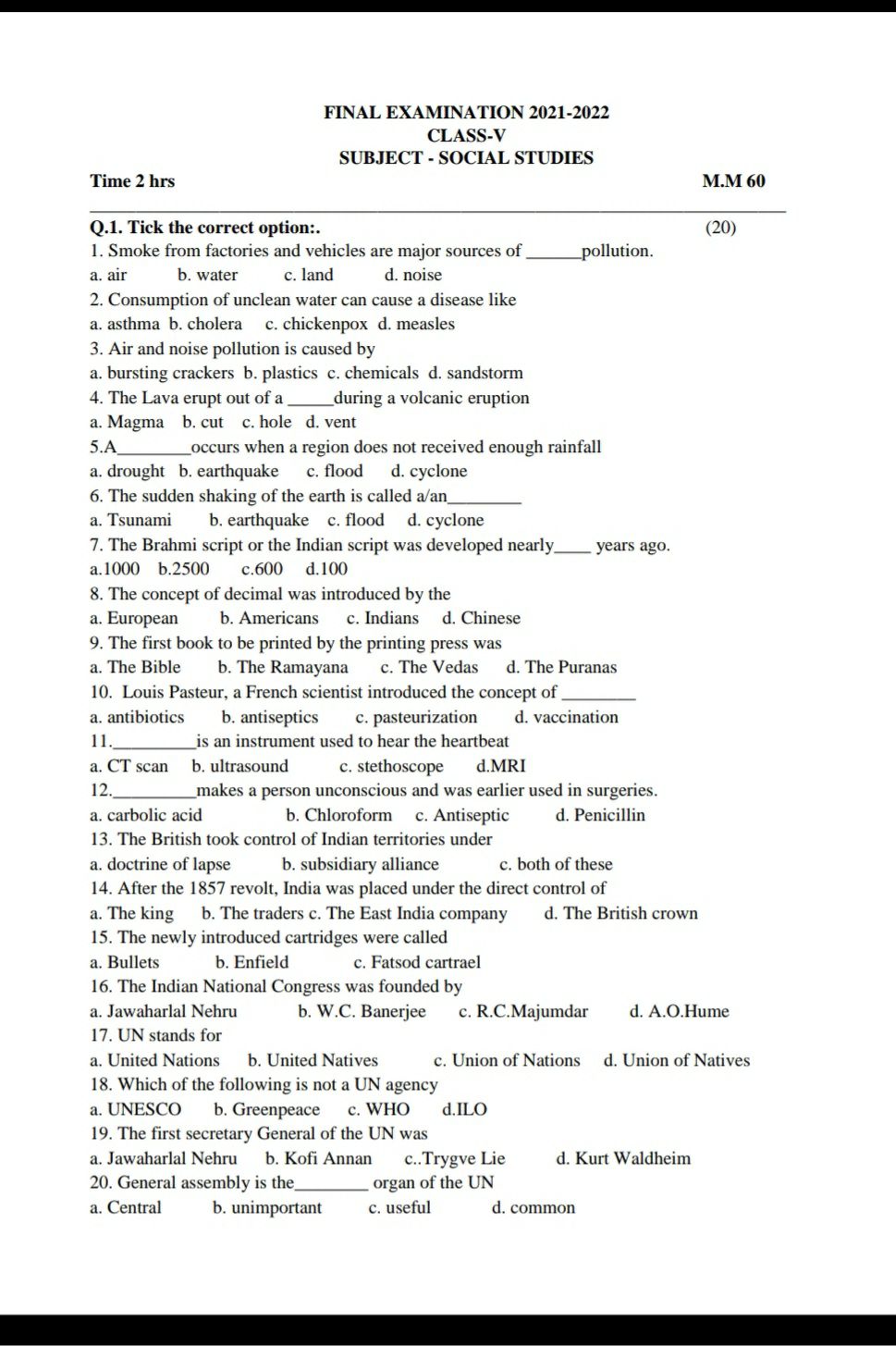 FINAL EXAM - Social Science - Subjective Test - Teachmint