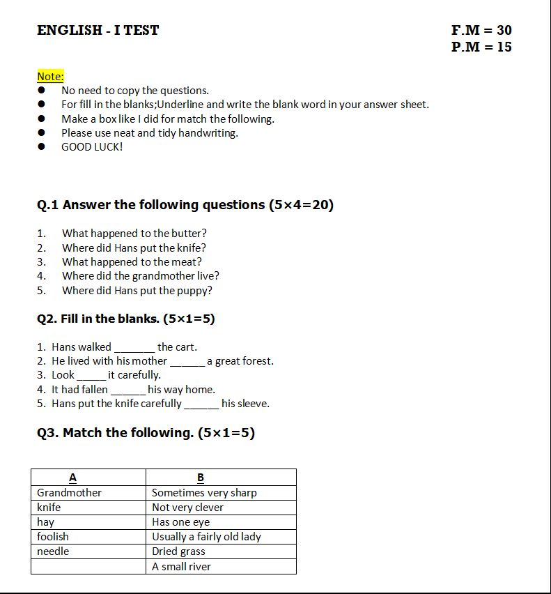 Careful Hans - English - Subjective Test - Teachmint