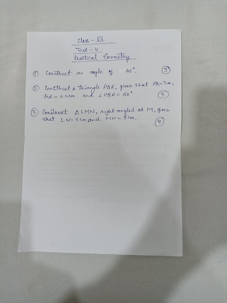 Maths Test -4, Practical Geometry - Maths - Assignment - Teachmint