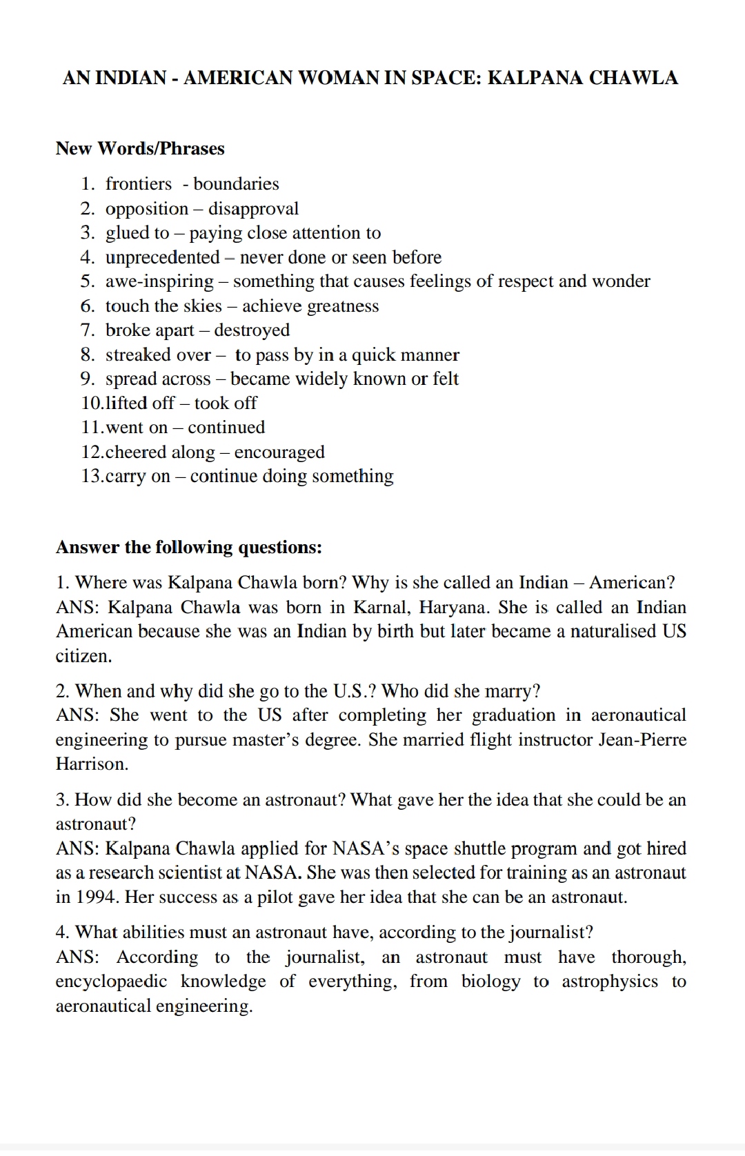 An Indian-Americal Woman In Space : Kalpana Chawla - English - Notes ...