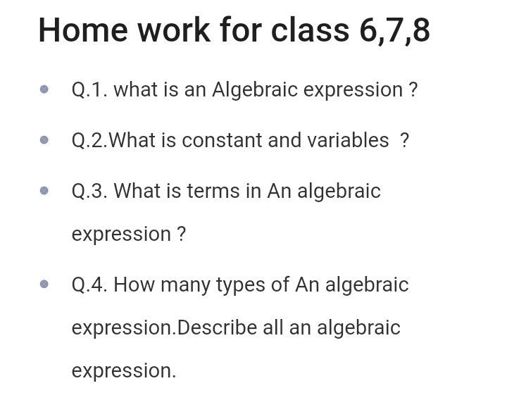 Algebraic Expression - Maths - Assignment - Teachmint