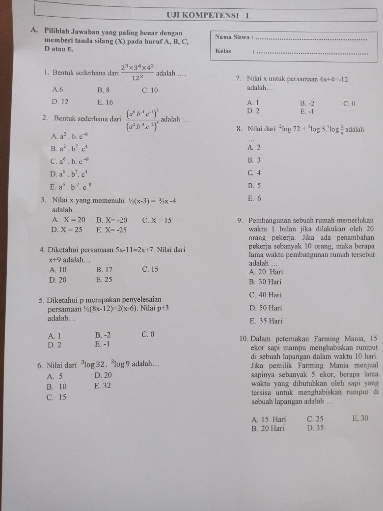 Uji kompetensi 1 - Matematika - Assignment - Teachmint
