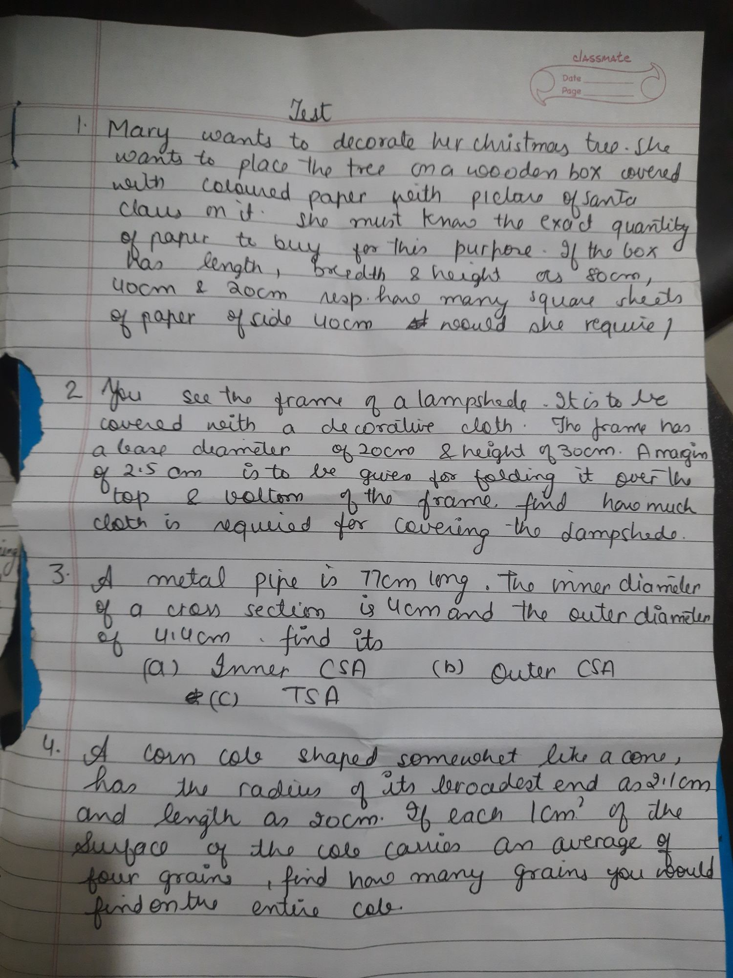 Surface Area - Maths - Subjective Test - Teachmint