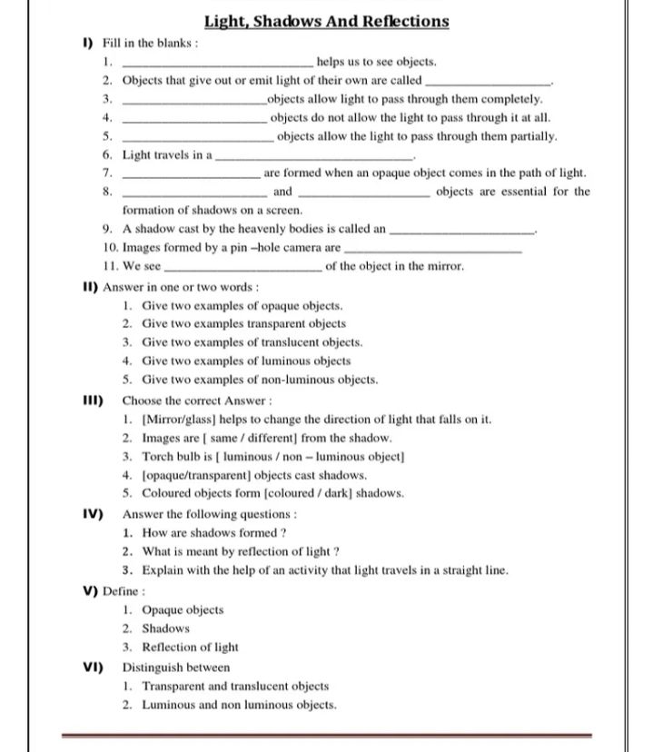 Light Shadow And Reflection - Science - Assignment - Teachmint