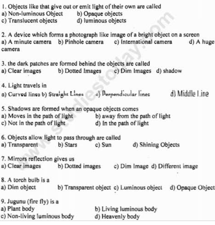 Light Shadow And Reflection - Science - Assignment - Teachmint