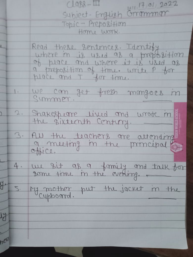 Preposition - English Grammar - Assignment - Teachmint