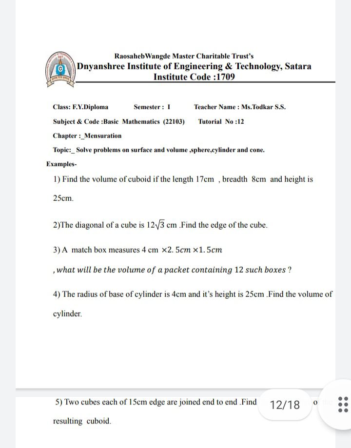 Tutorial 12 - Basic Mathematics (22103) - Assignment - Teachmint