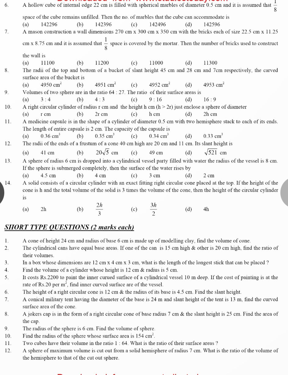 Surface Area And Volume - Maths - Assignment - Teachmint
