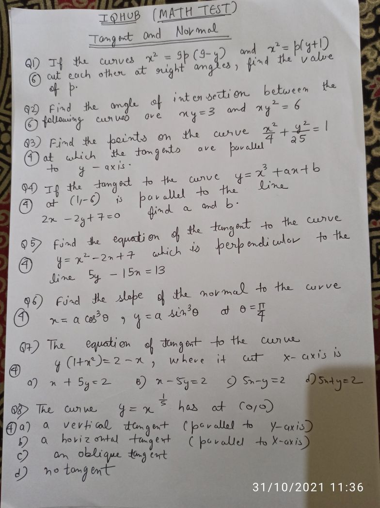 Tangent And Normal - Mathematics - Subjective Test - Teachmint