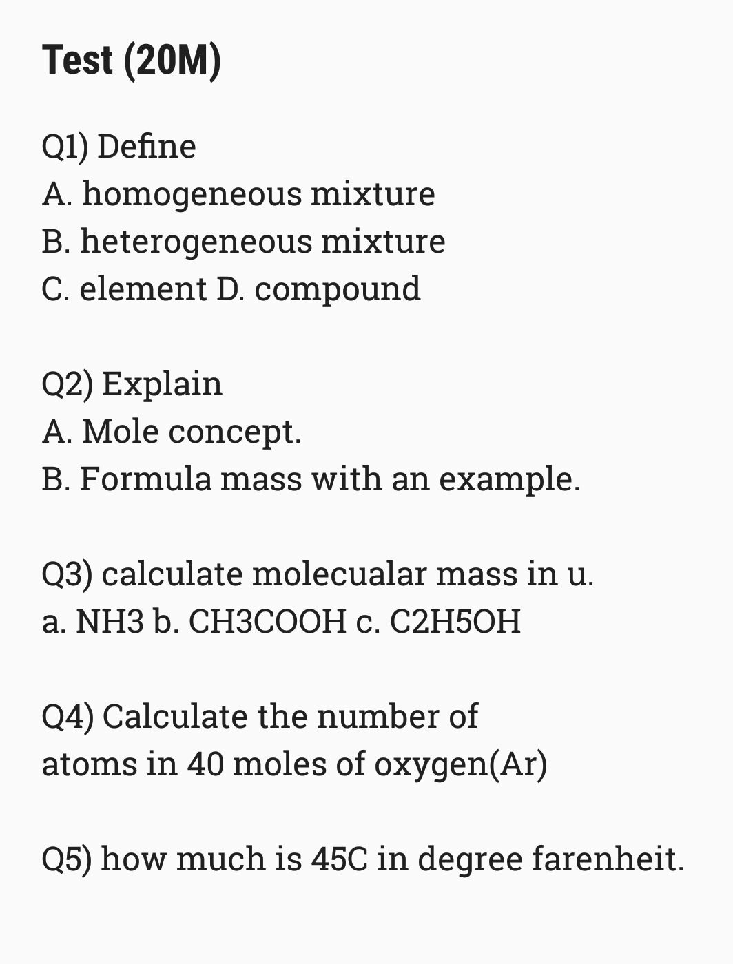 Basic Concepts Of Chemistry - PCB - Subjective Test - Teachmint