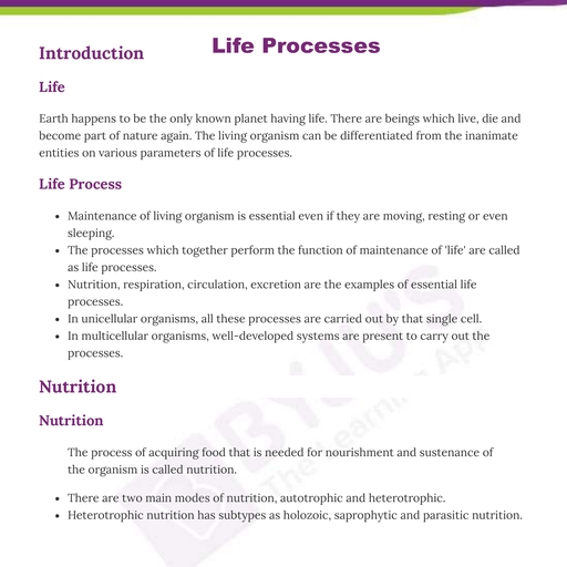 life Process Class 10th - Biology - Notes - Teachmint