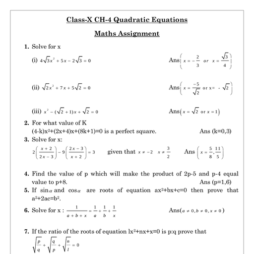 Quad. EQ. Assignment 2 - Maths - Notes - Teachmint