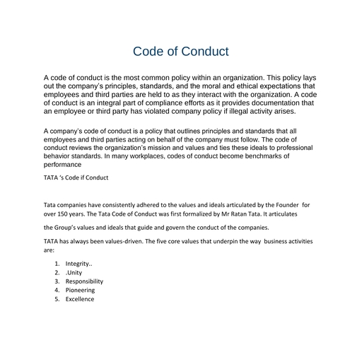 Code of conduct tata grou - Business ethics - Notes - Teachmint