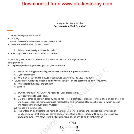 Biomolecules - Chemistry 🧪 - Assignment - Teachmint