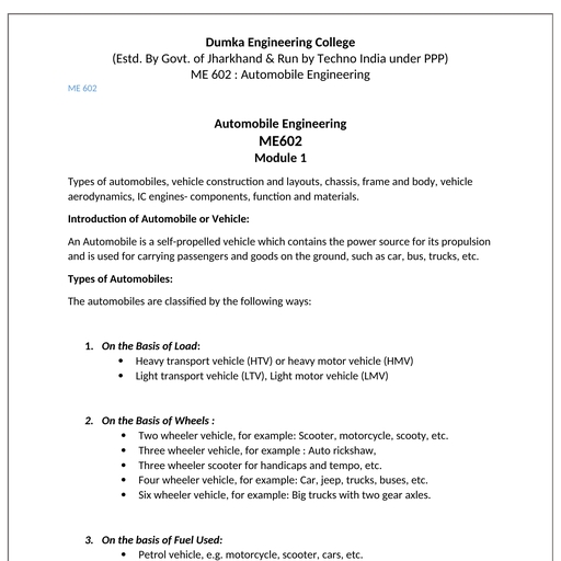 Module 1: Automobile Engg - AUTOMOBILE ENGG: ME602 - Notes - Teachmint