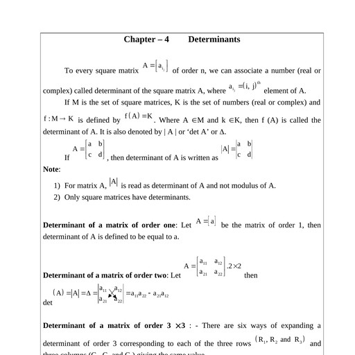 Chapter 4 Determinants 4. - Mathematics - Notes - Teachmint