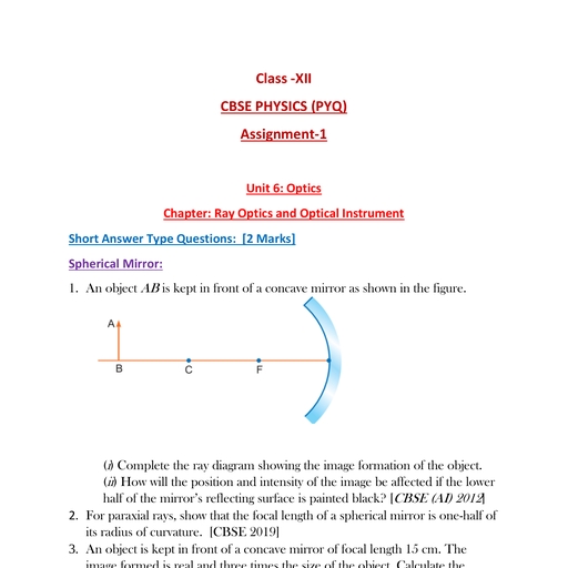 RAY OPTICS AND OPTICAL INSTRUMENT - Physics - Assignment - Teachmint