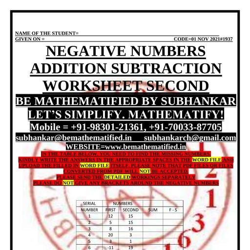 Negative Integers Addition Subtraction - Mathematics - Assignment - Teachmint