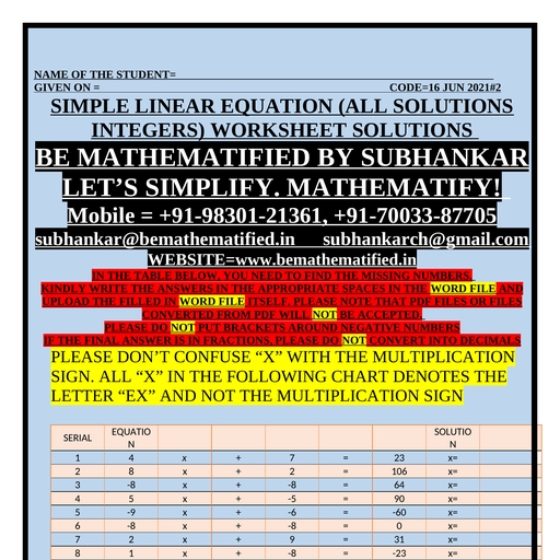 Simple Linear Equations - Mathematics - Assignment - Teachmint