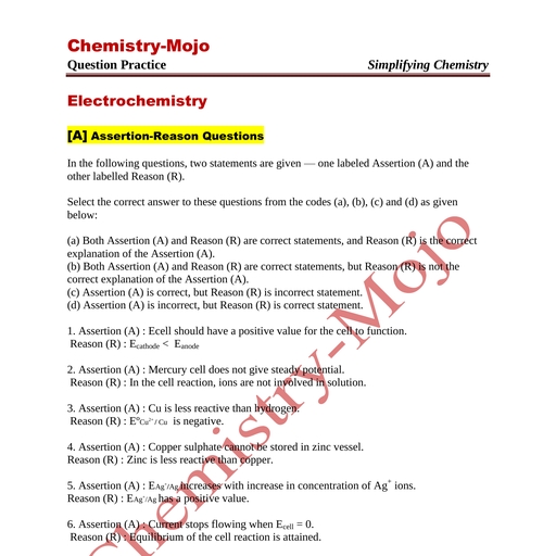 Electrochem Assertion & Reasoning - Chemistry - Notes - Teachmint