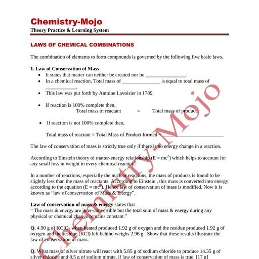 Laws of Chemical Combination - Chemistry - Notes - Teachmint