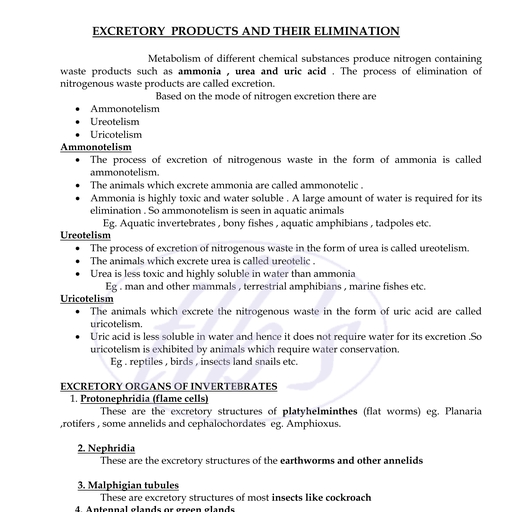 ExcretIon-1.pdf - Zoology - Notes - Teachmint